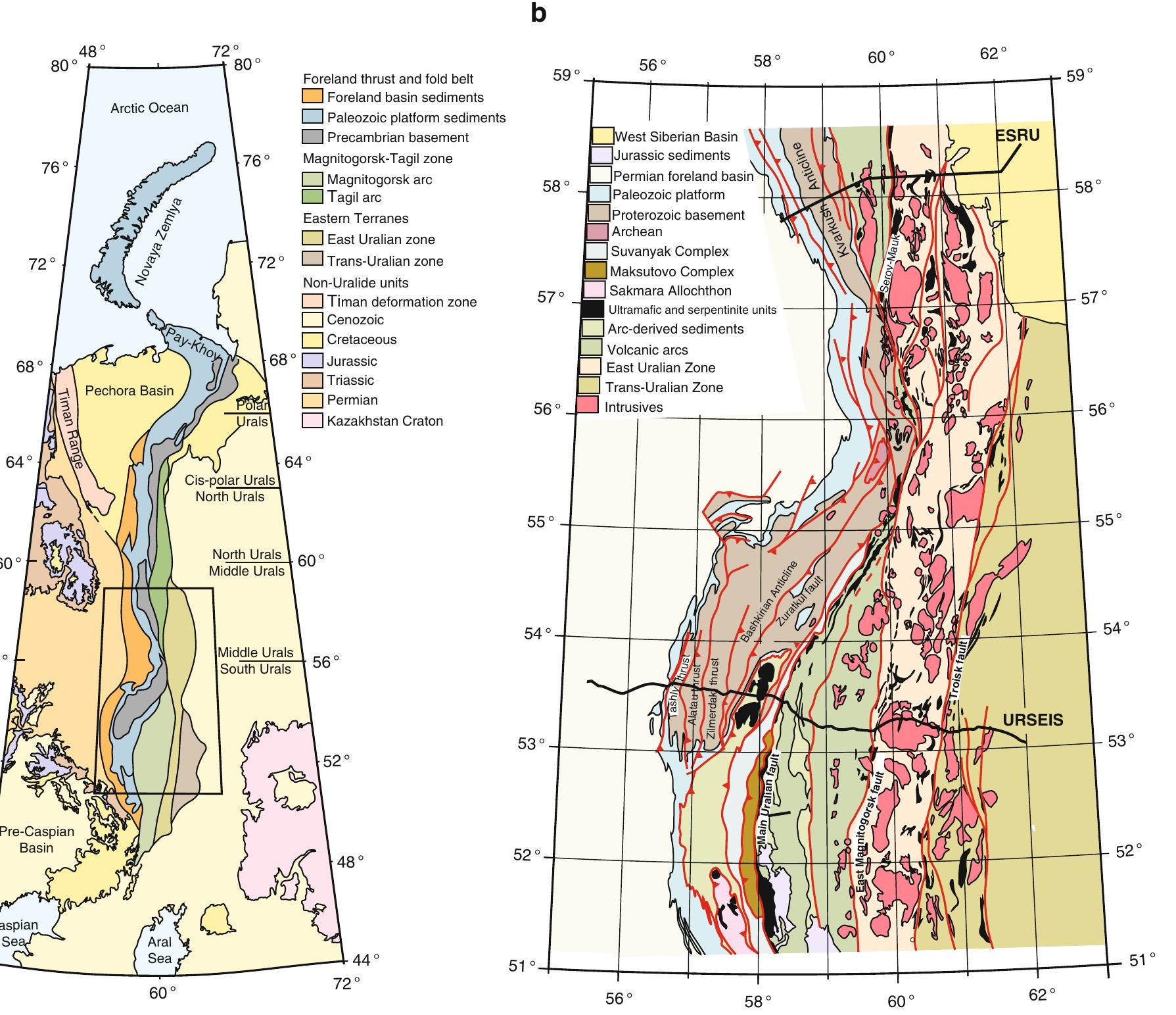 1 (a) map showing the different zones of the urals and its