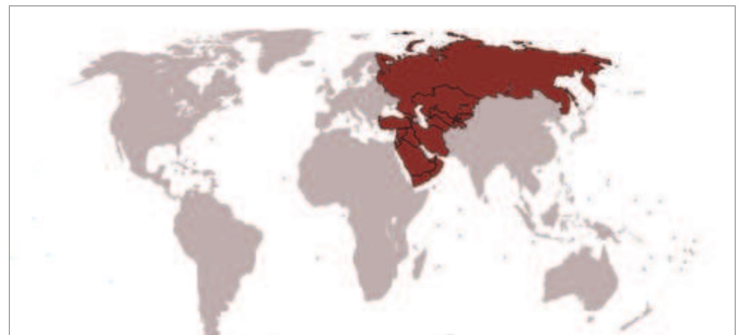 The world map with the highlighted countries from where the