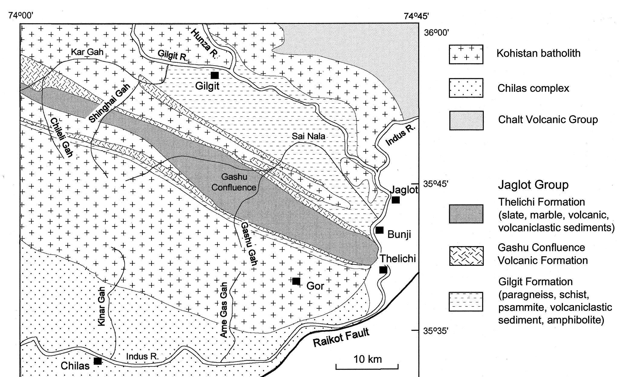 Geological map of the area between indus and gilgit rivers