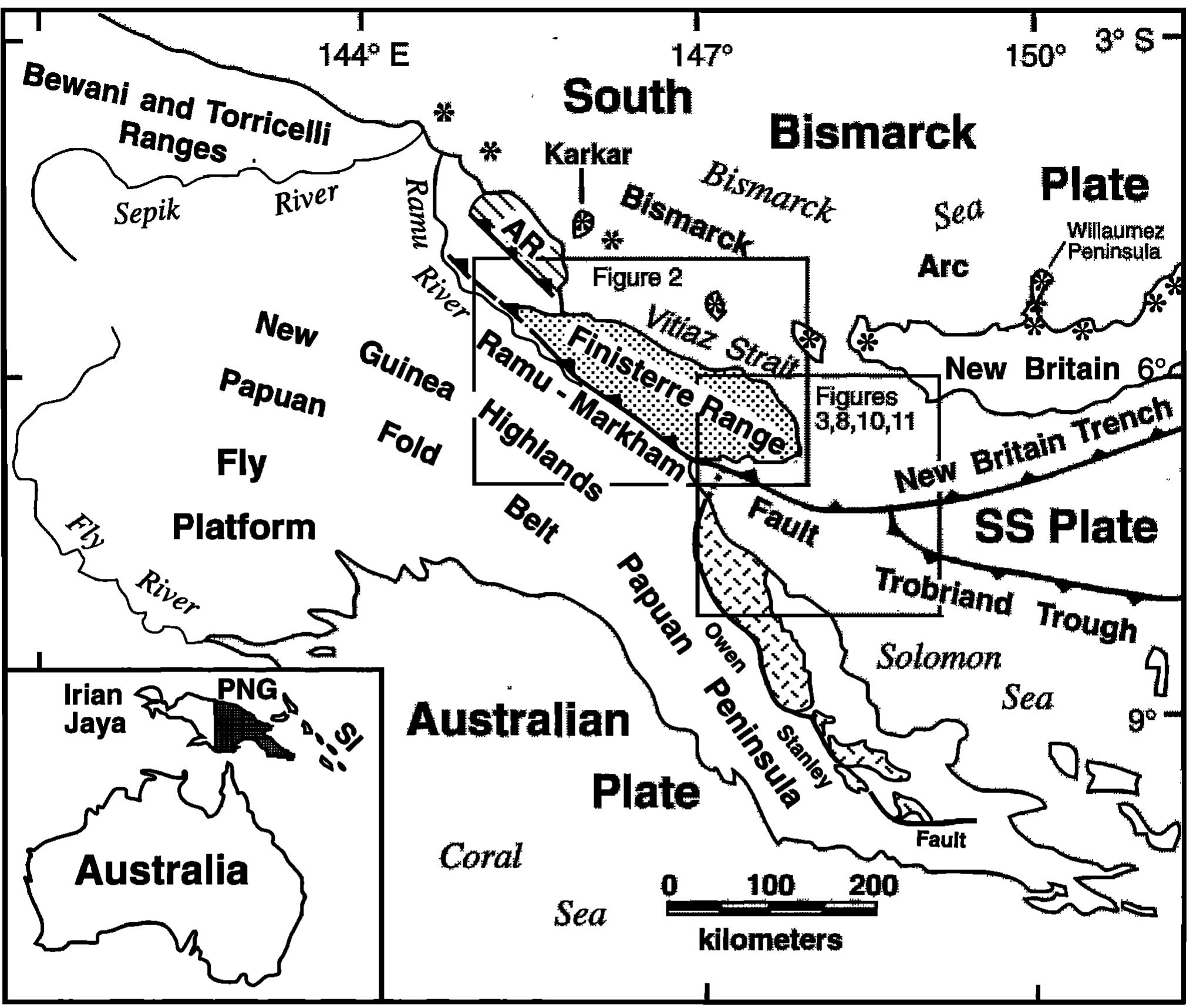 Tectonic map of papua new guinea (png). inset map shows