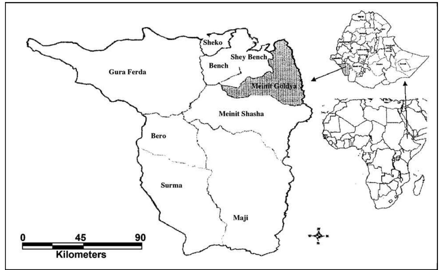 Map of bench-maji zone divided into nine districts: shaded