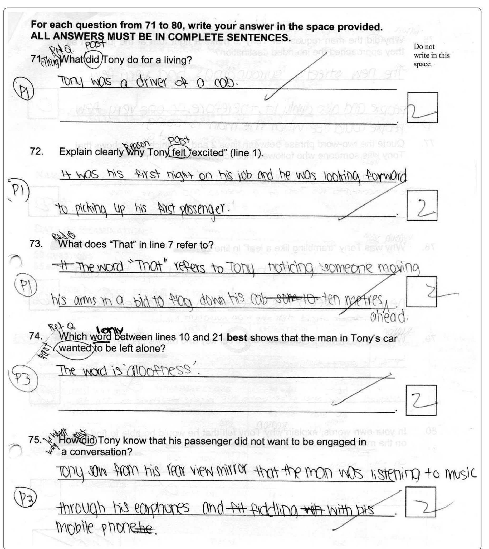 Sample of pupil’s comprehension worksheet showing annotation