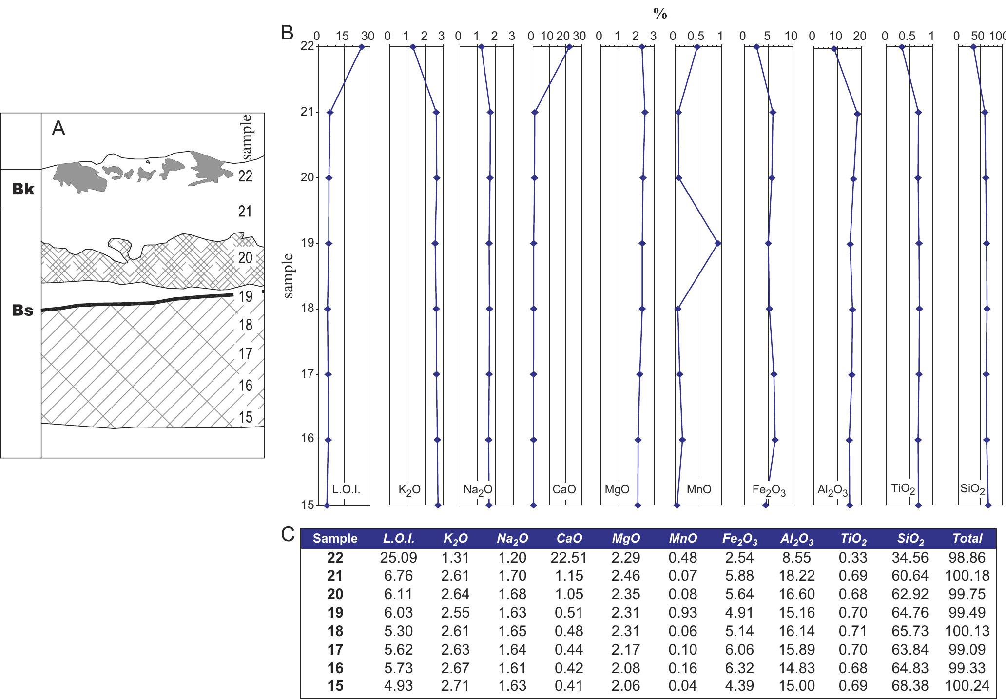 Schematic drawing of a palaeosol profile (thickness | m) as