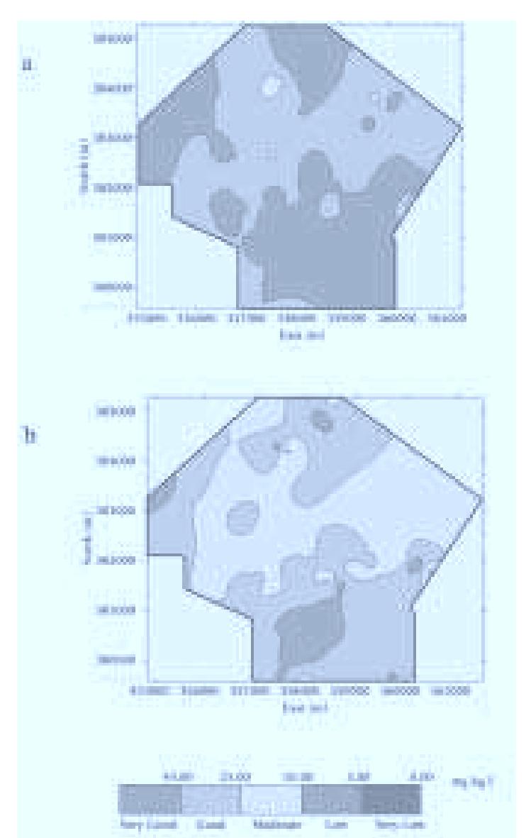 Variability map of available p for (a) top- and (b)sub-soil