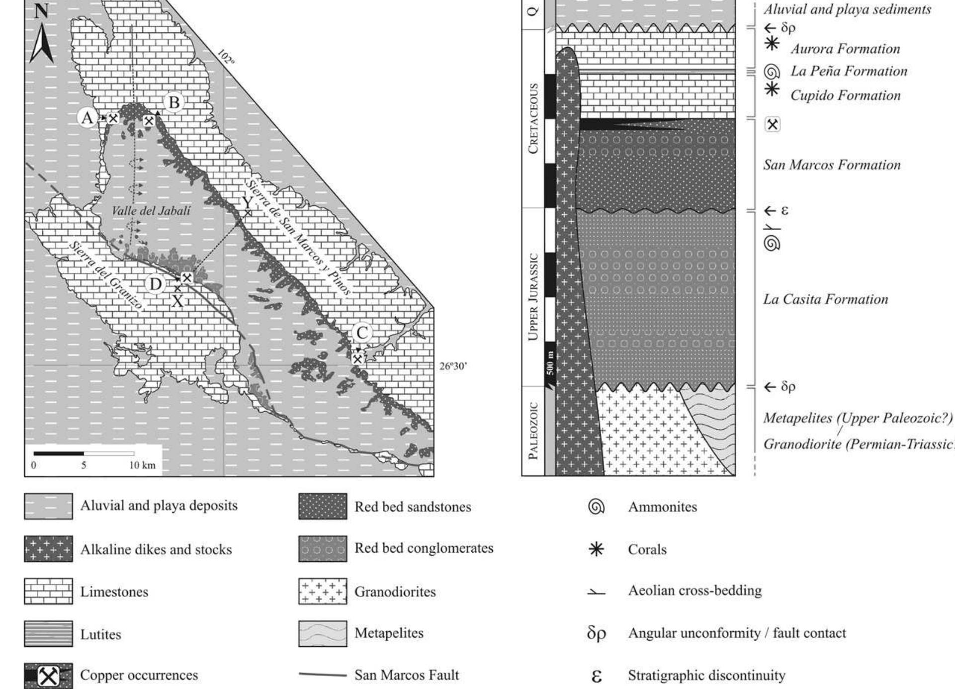 Left: location and detailed geological map of the san marcos