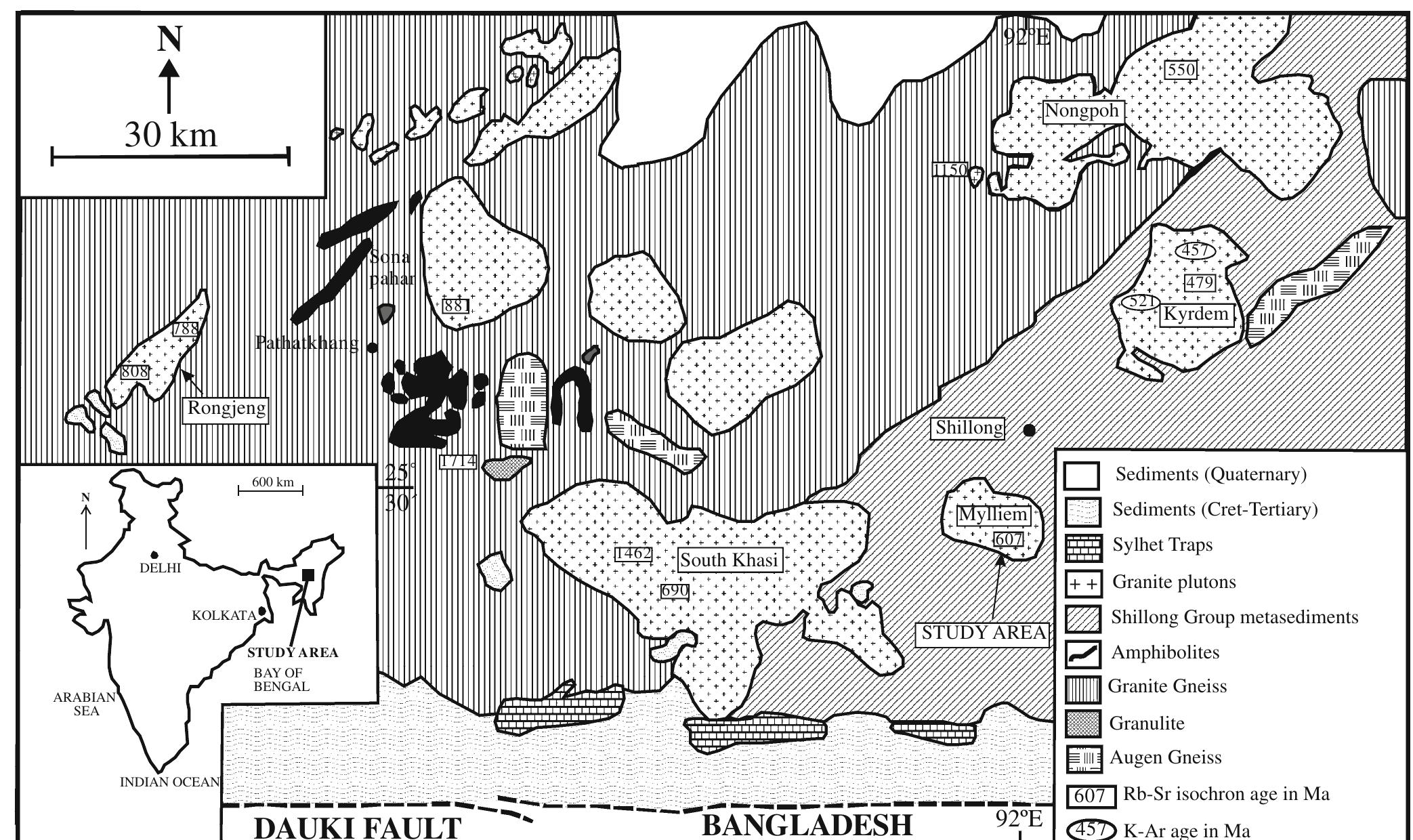 Geological map of meghalaya showing the granitoid plutons