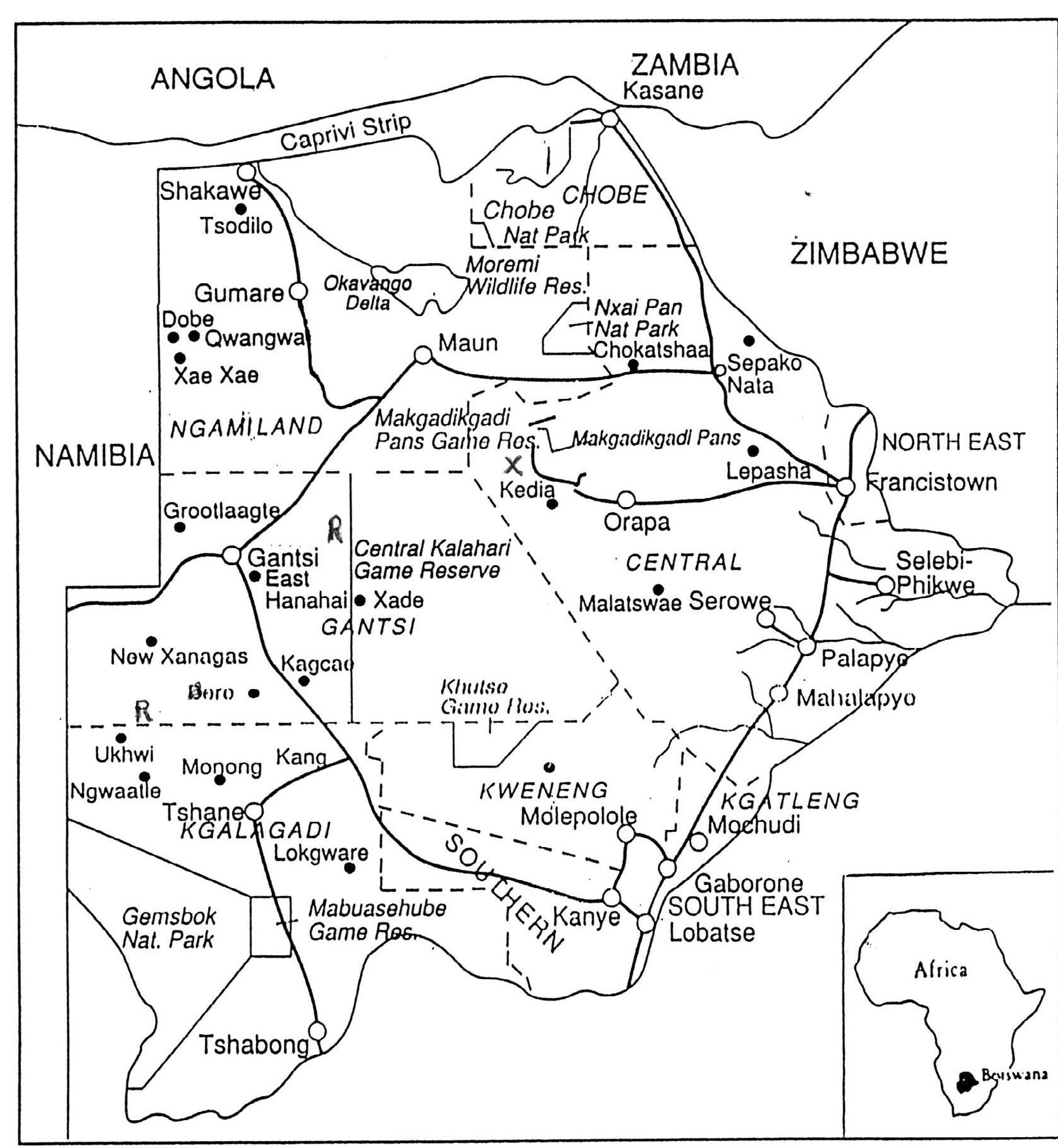 Map of botswana showing places in ngamiland mentioned in the