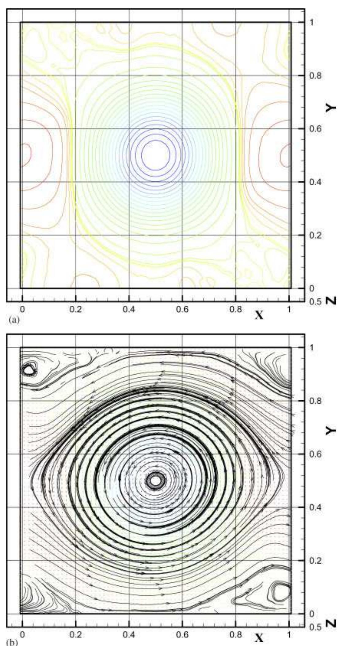 Vortex-in-a-box problem on 64? uniforms cells: (a) iso-lines
