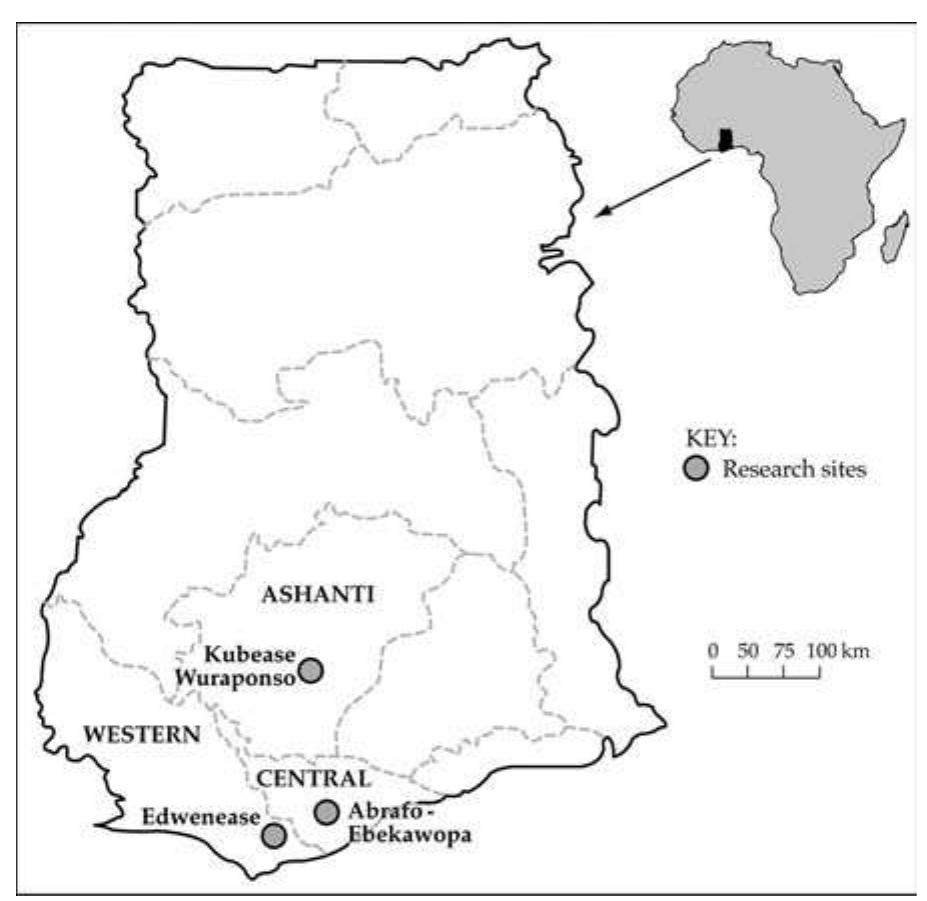 Map of ghana showing the three research sites.