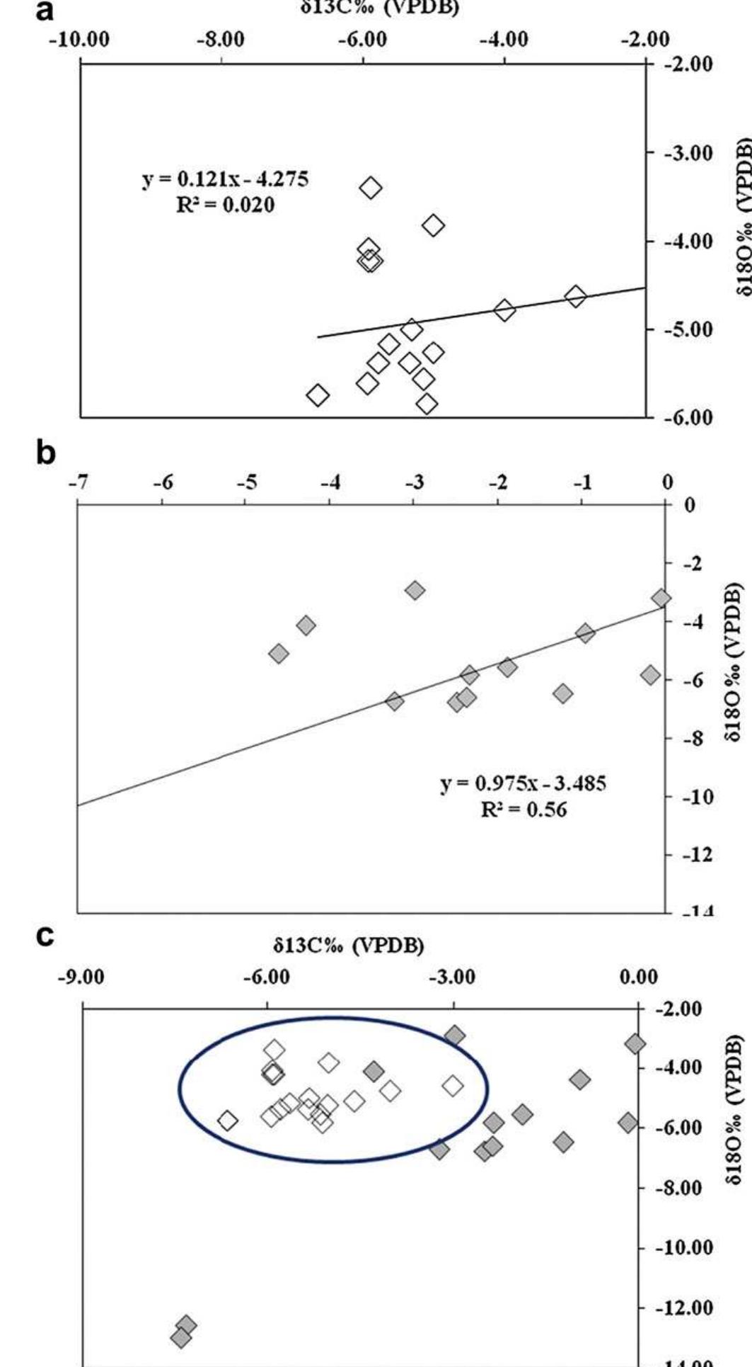 A. 3'3c vs 5!80 of the calcic palaeosols. b. 3'3c vs 8'80 of
