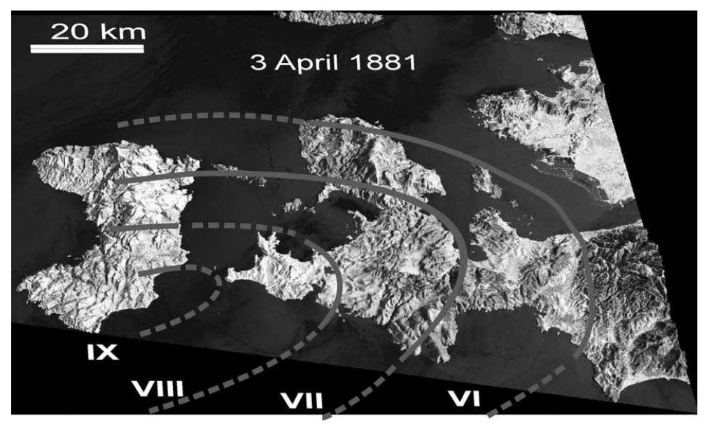 Isoseismal map of chios-cesme earthquake, 3 april 1881,