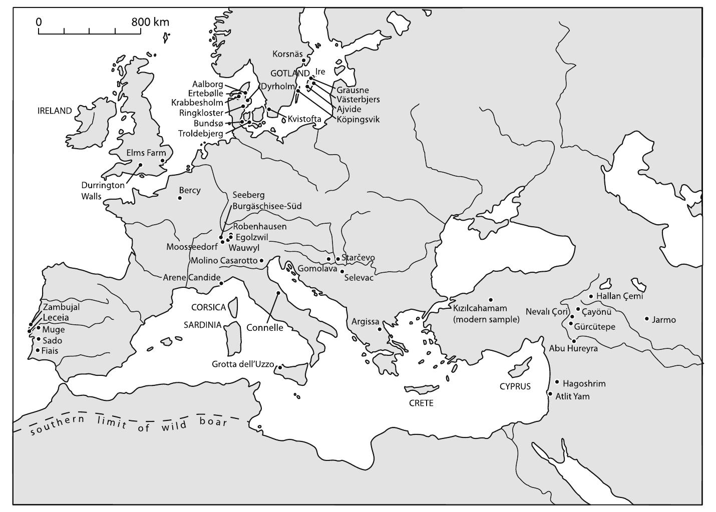 Map of western eurasia showing the sites and regions