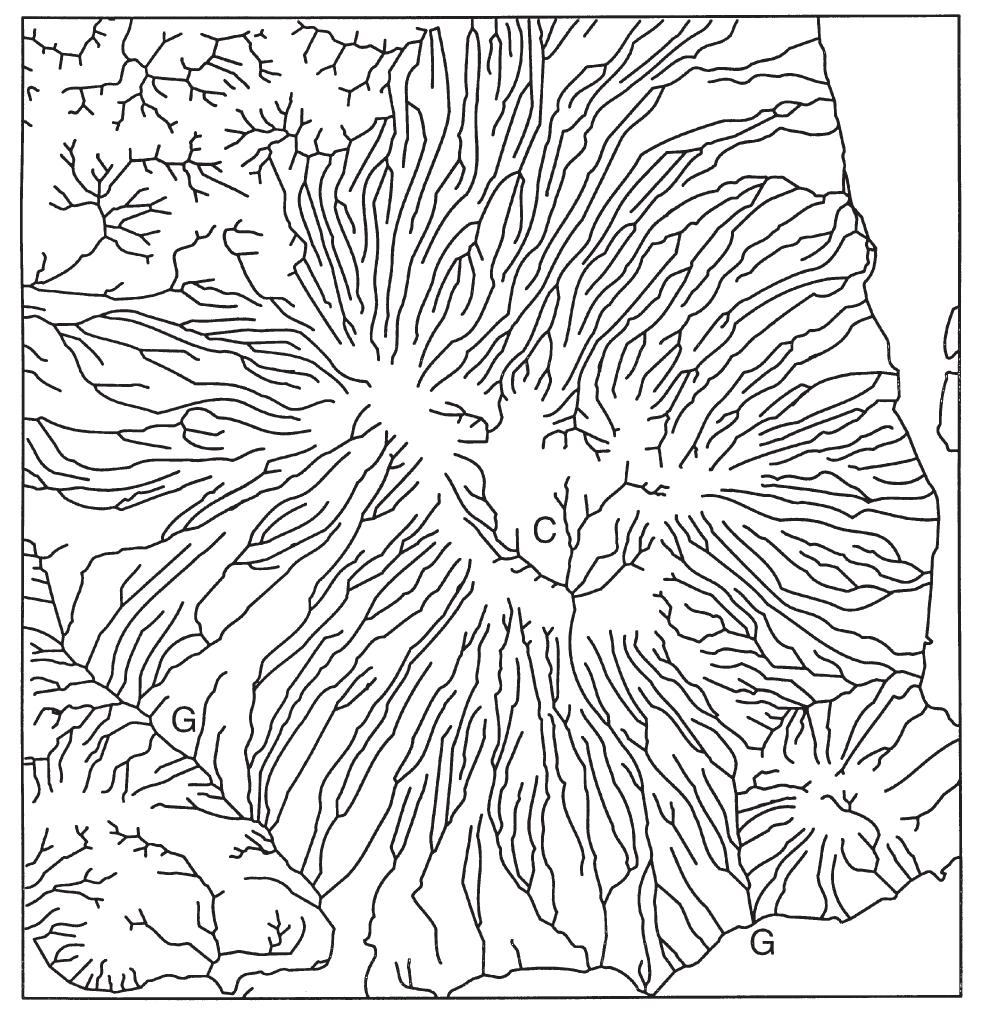 Drainage patterns on a volcano in indonesia. centripetal