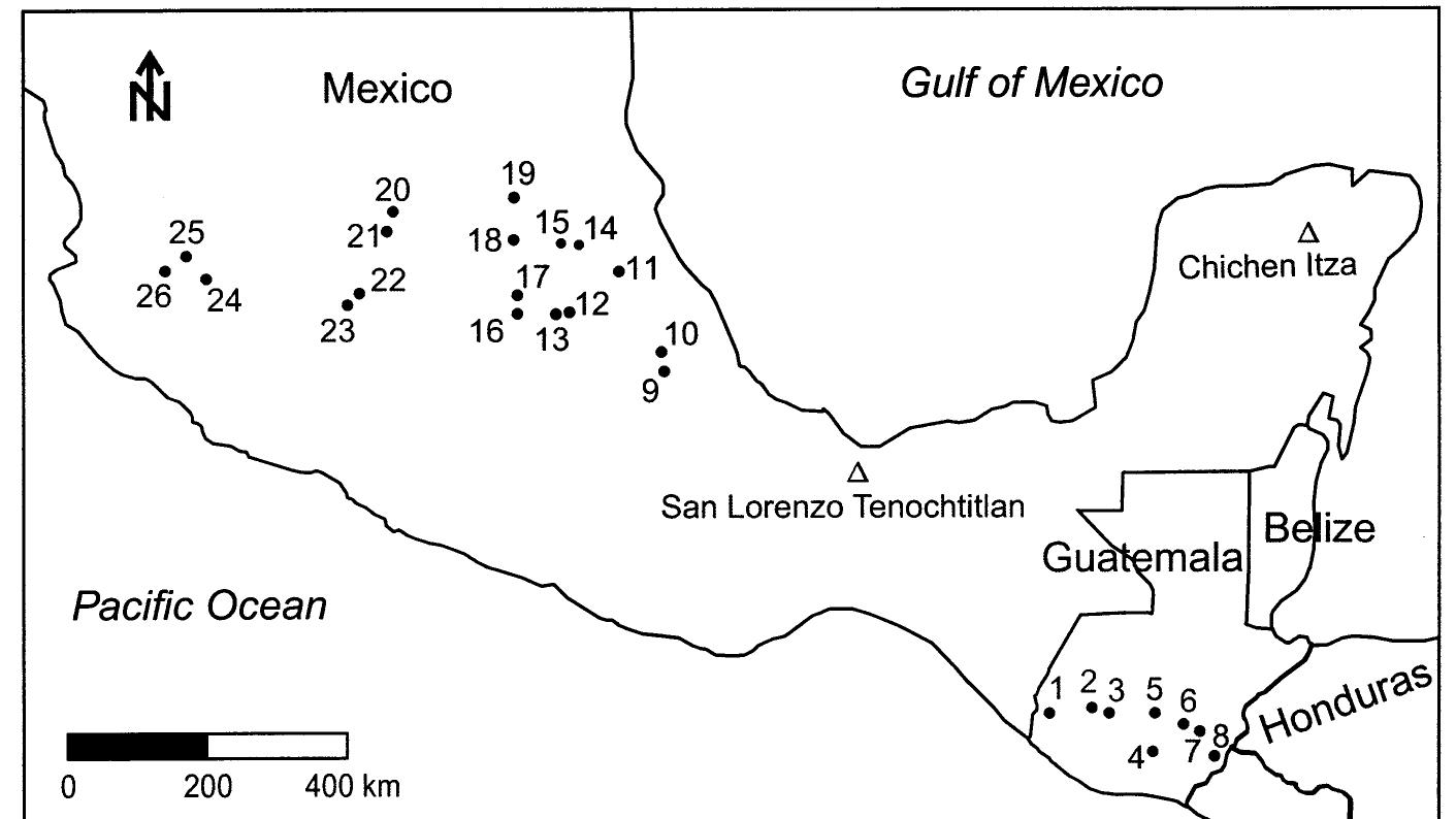 Map of the region known as mesoamerica showing the locations