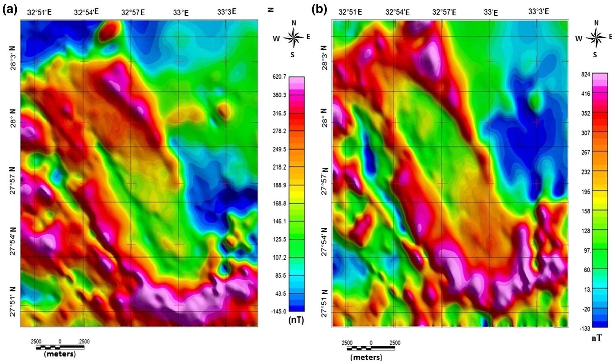 Shaded color map of a total magnetic field and b reduced to