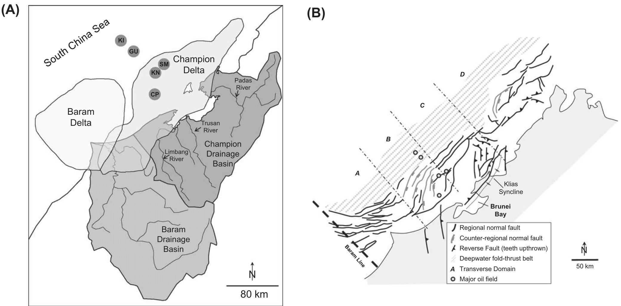 (a) the champion and baram deltas and their present-day