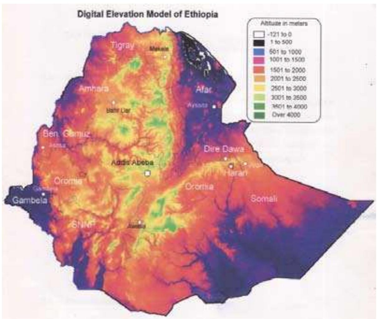 Elevation map of ethiopia showing altitude ranges from -121m