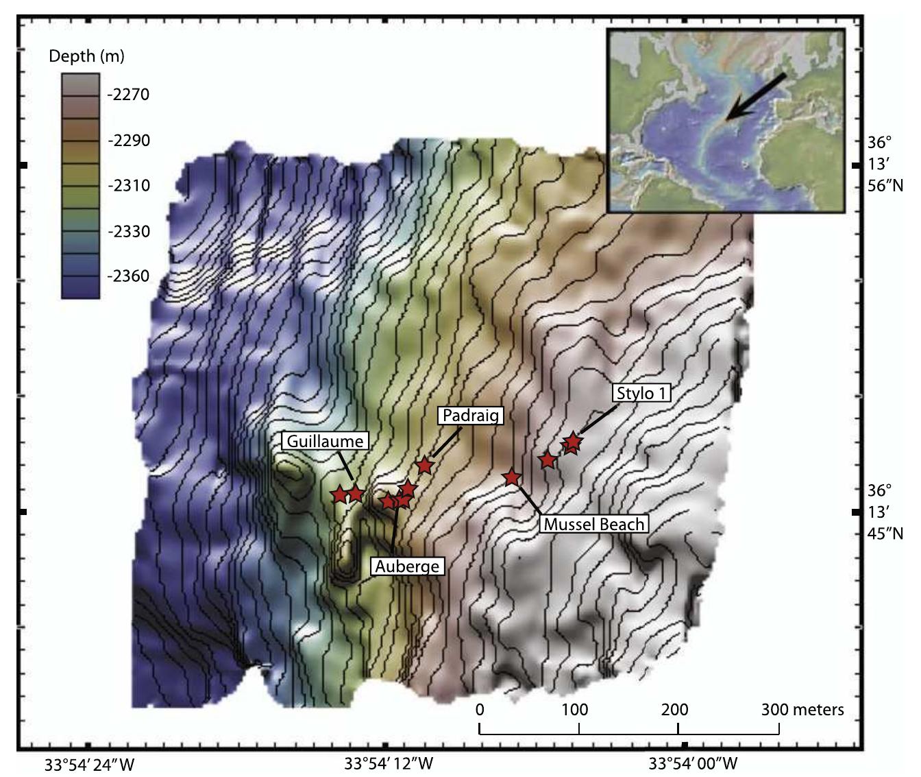 Bathymetric map of the rainbow hydrothermal vent field,