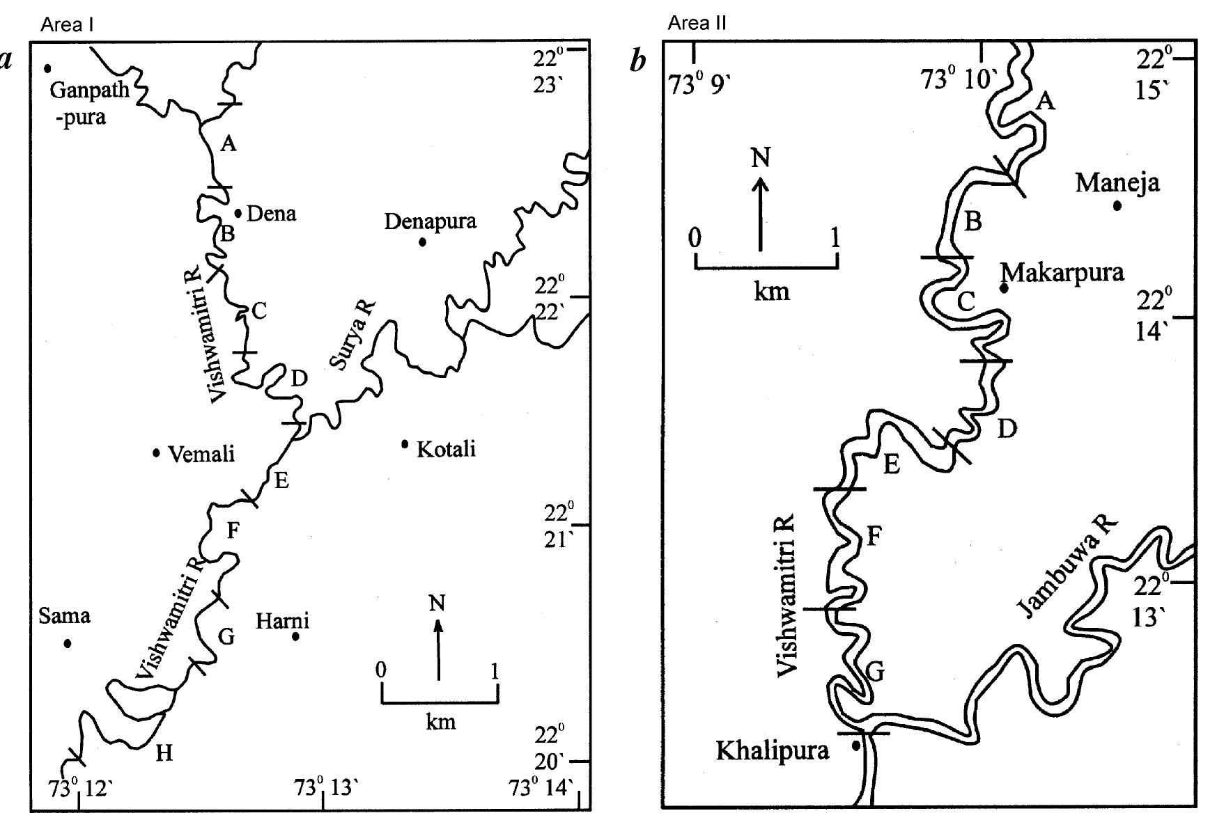 Two areas i (a) and ii (b) of the vishwamitri river selected