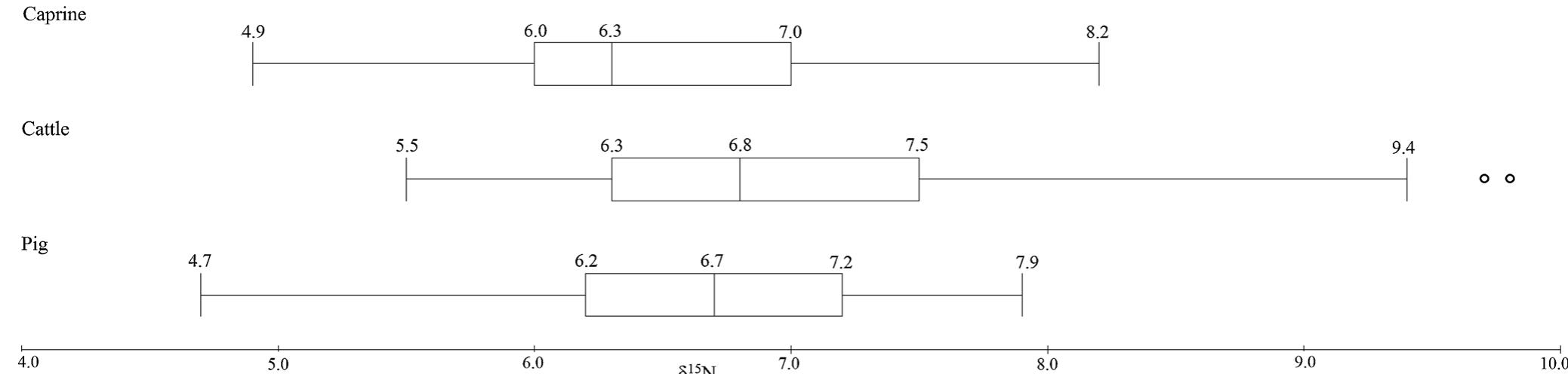 Boxplot showing the distribution of 5'°n values of the