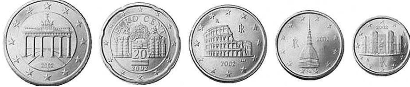 Examples of architecture on euro coins. from left to right: