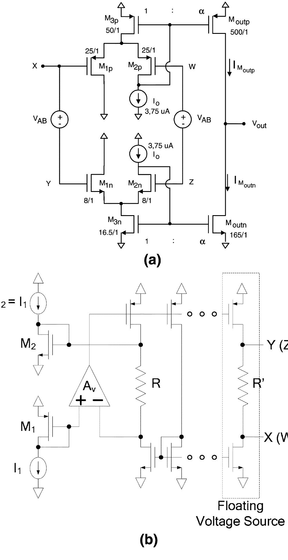 (a) class-ab output stage with dfvfs. (b) biasing circuitry.