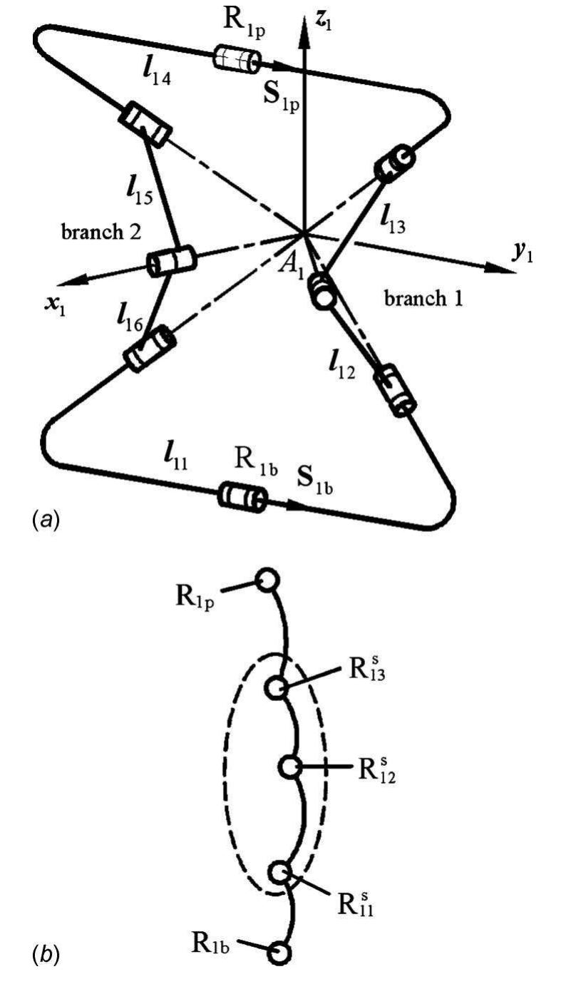 The equivalent serial chain of the chain leg: (a) original