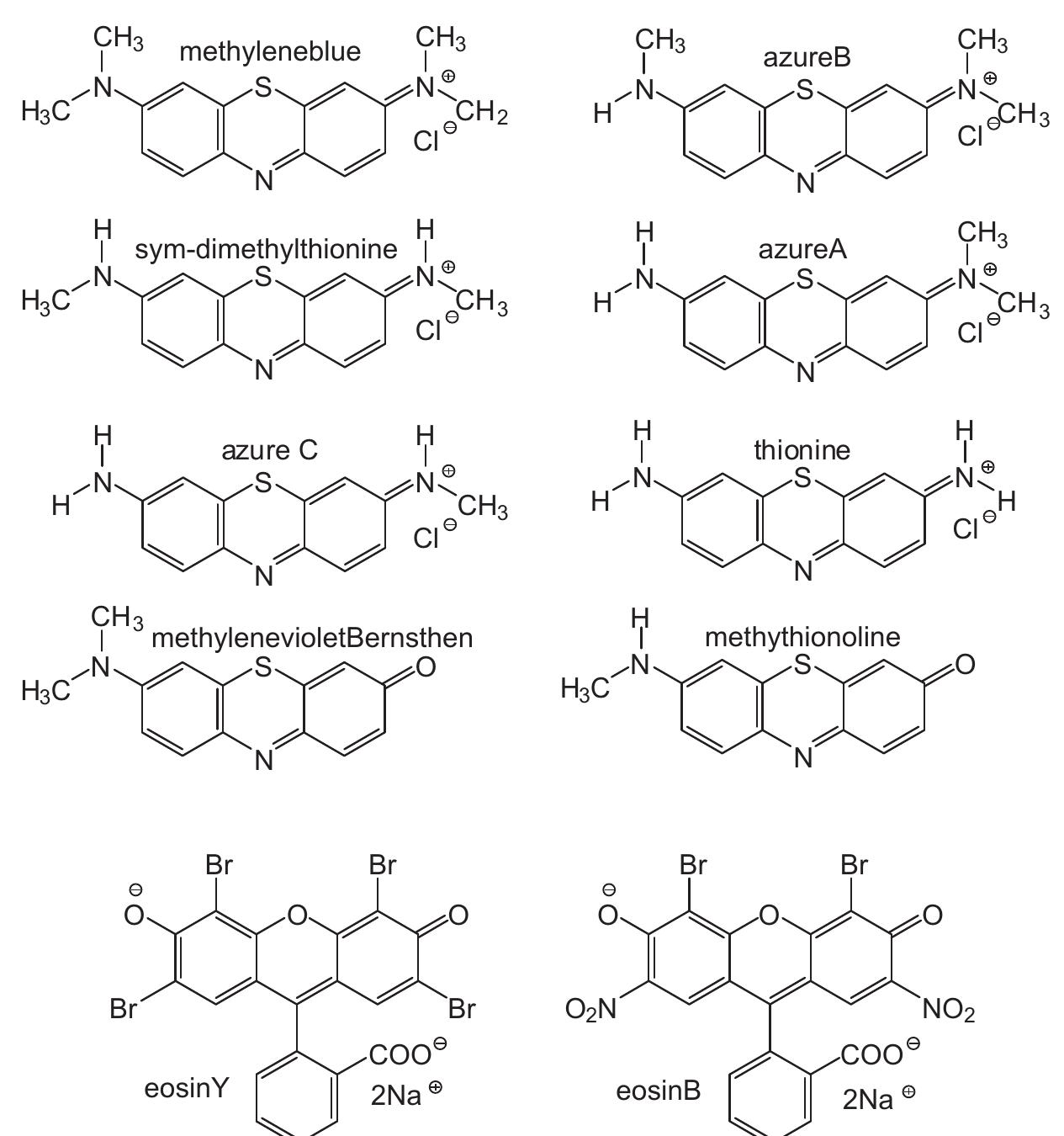 Structures of dyes discussed including azure b and eosin y.