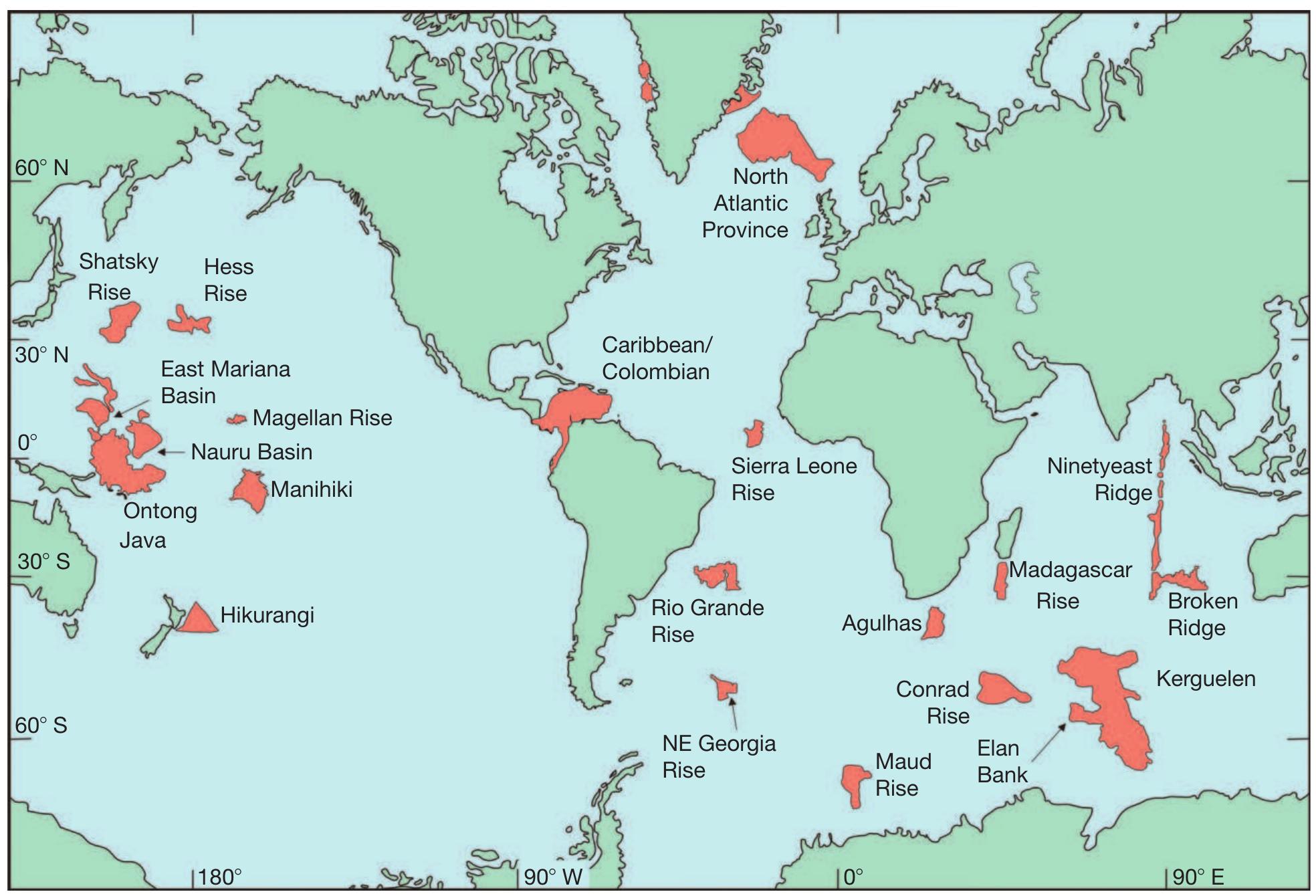 Map showing all major oceanic plateaus formed within the