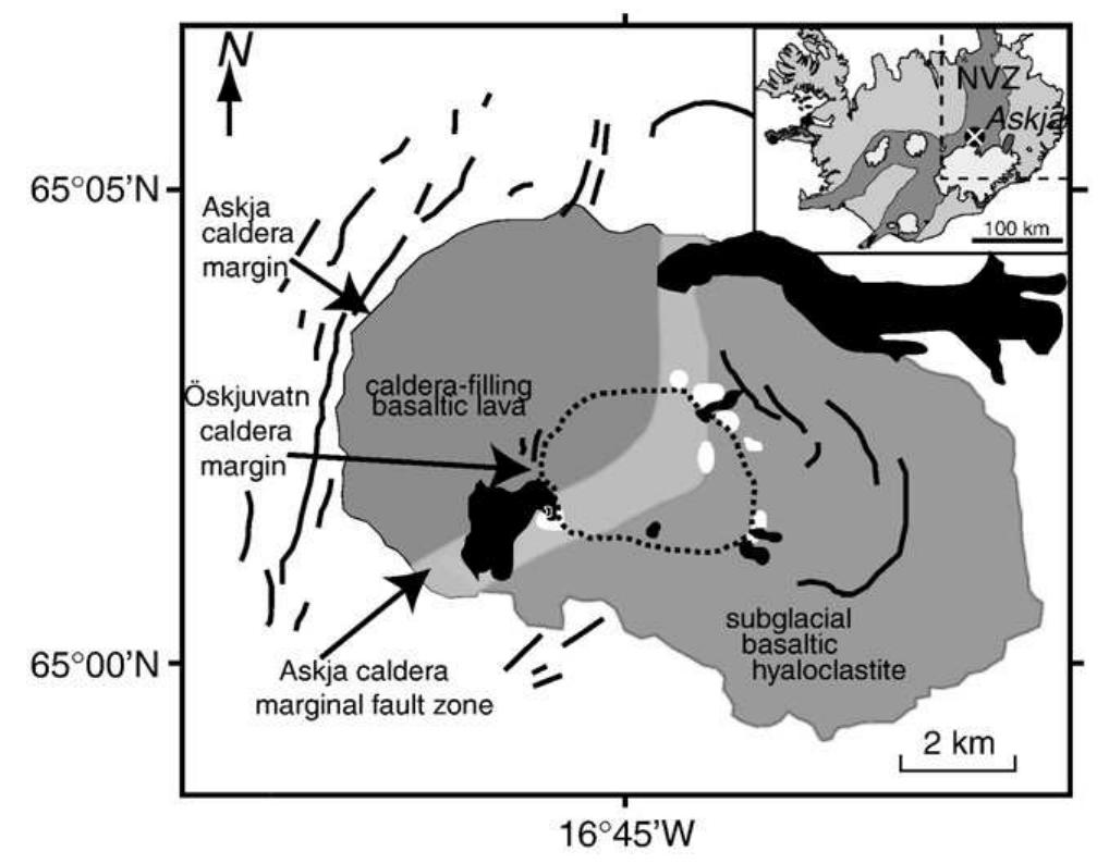 Map of the askja volcano, including sites (black) of