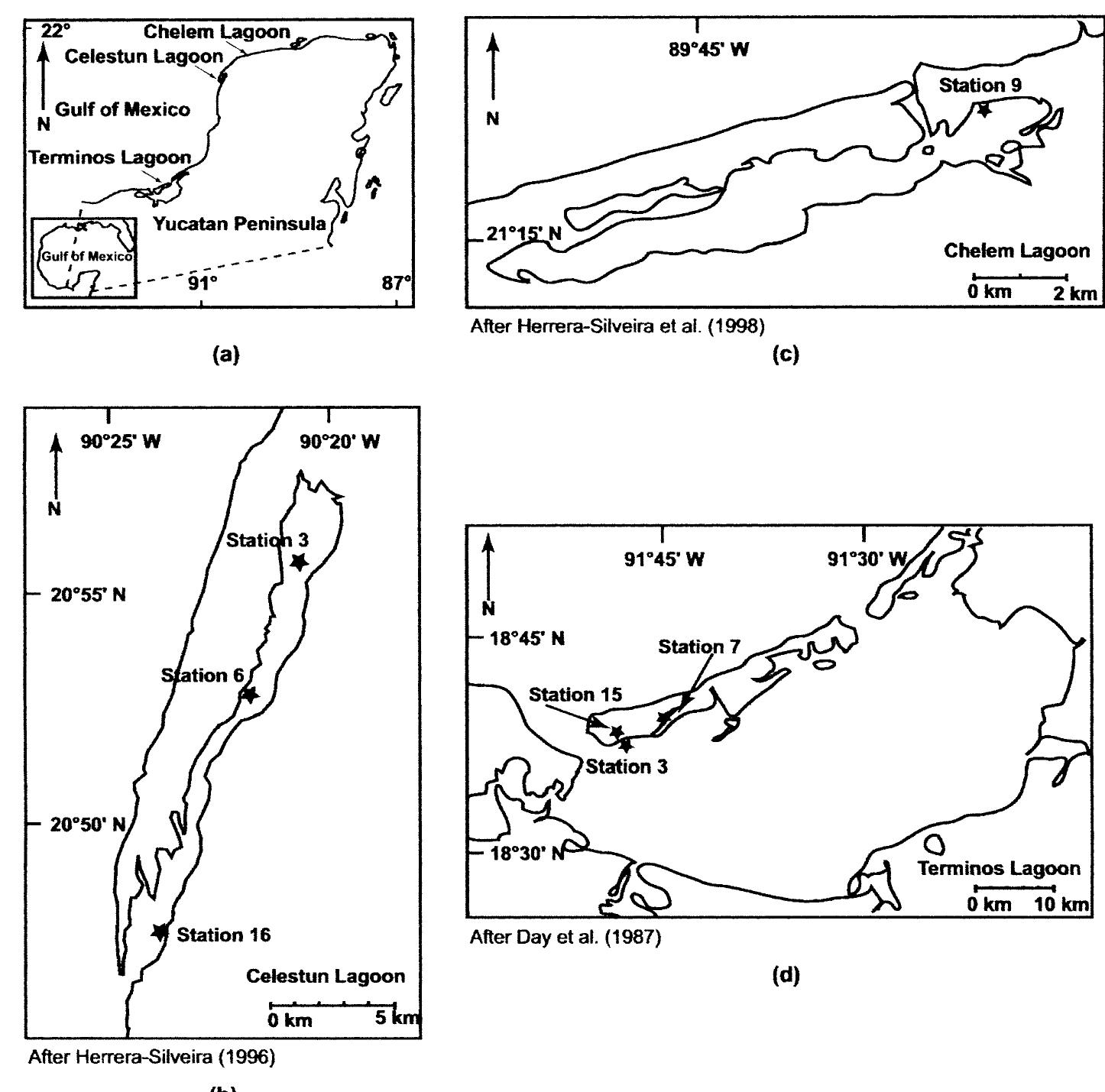 Maps of (a) yucatan peninsula, (b) celestun lagoon, (c)