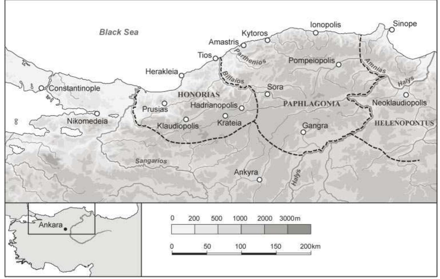 Map of the administrative units and cities of paphlagonia