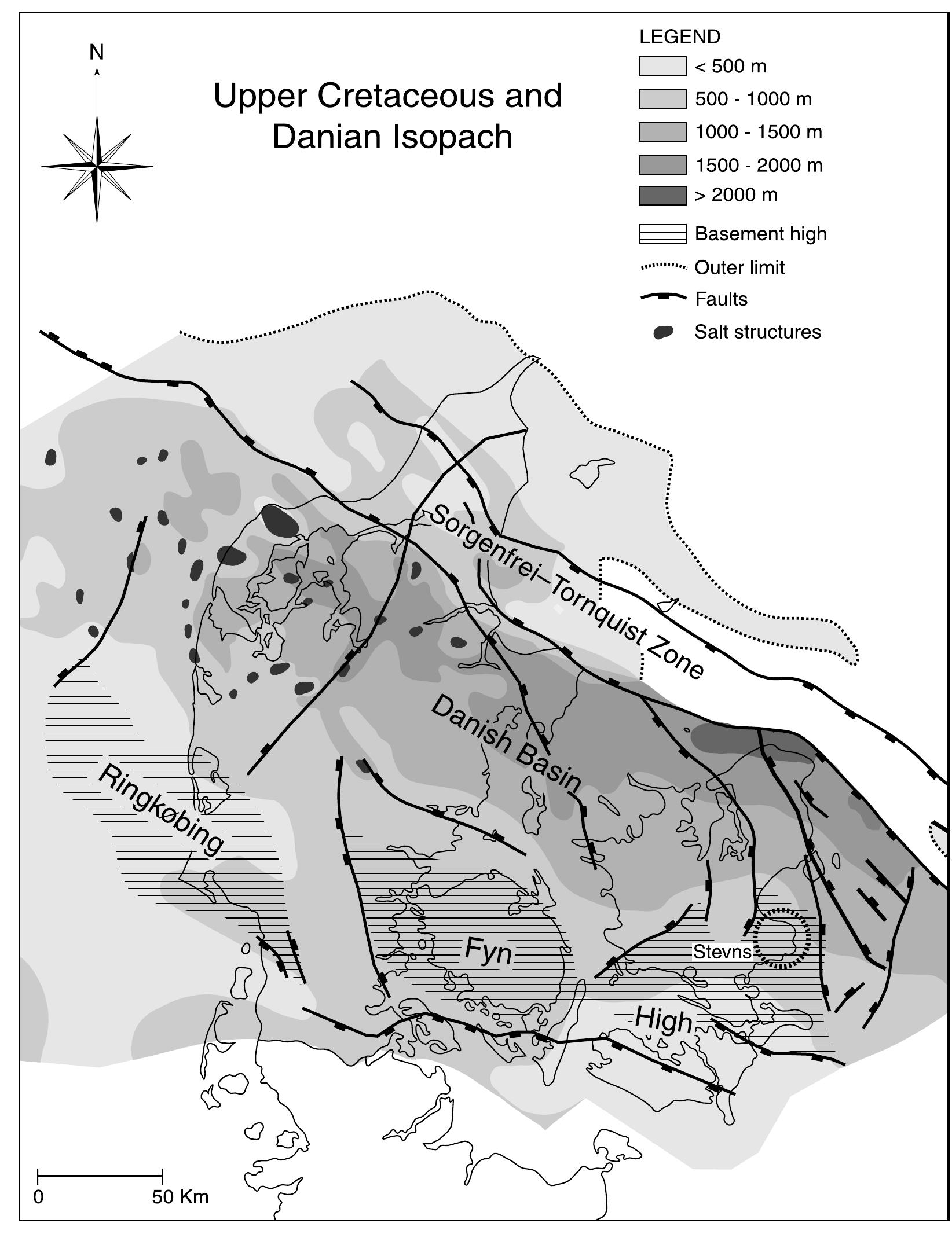 Map of the danish area showing thickness of the chalk group,