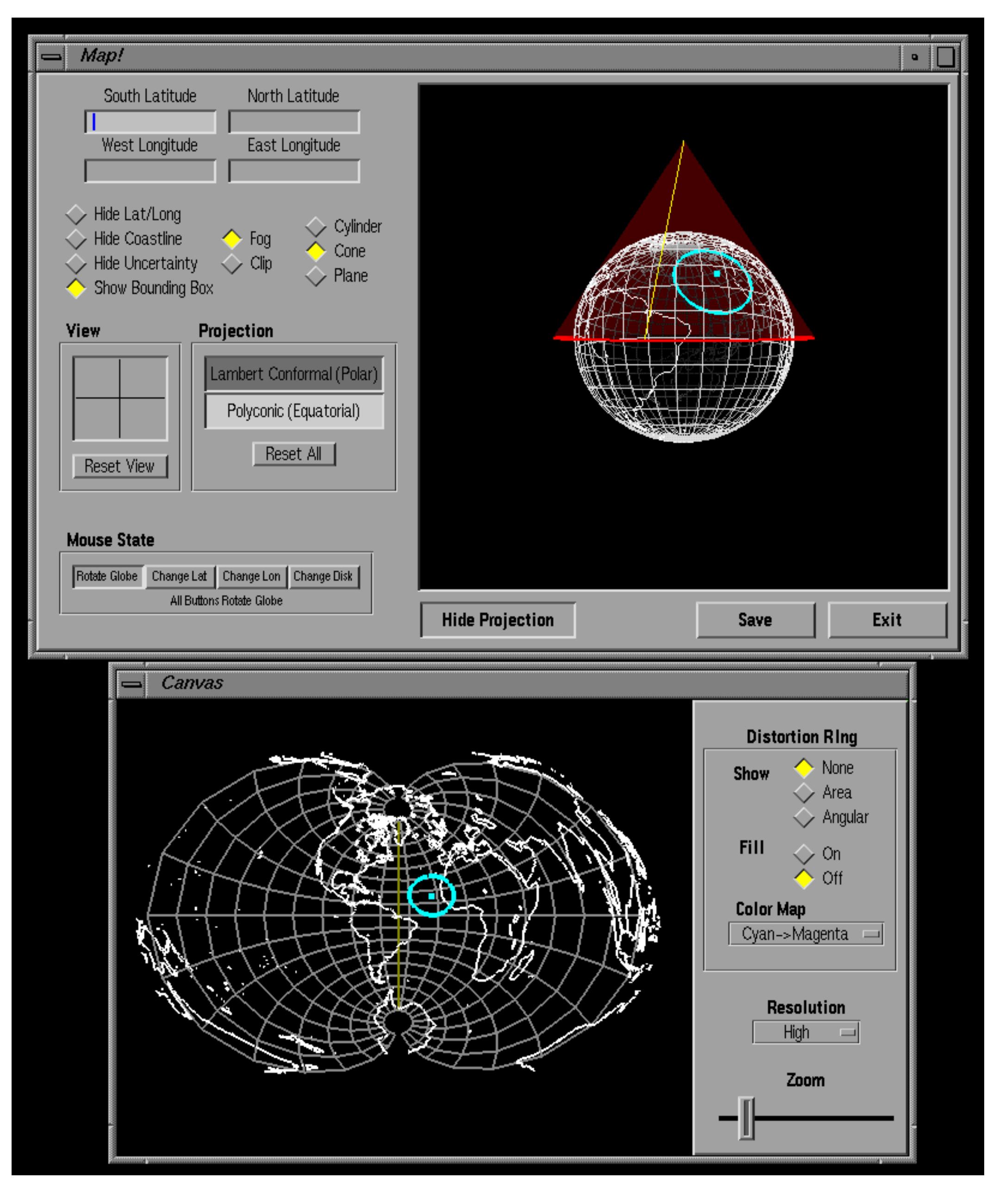 Mapviz system for interactively visualizing map projections.