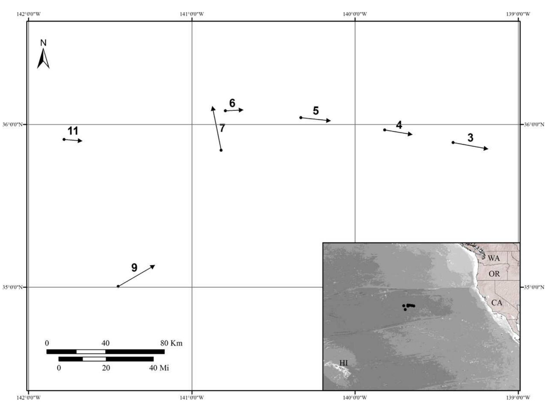 Neuston trawls locations in the north pacific central gyre.