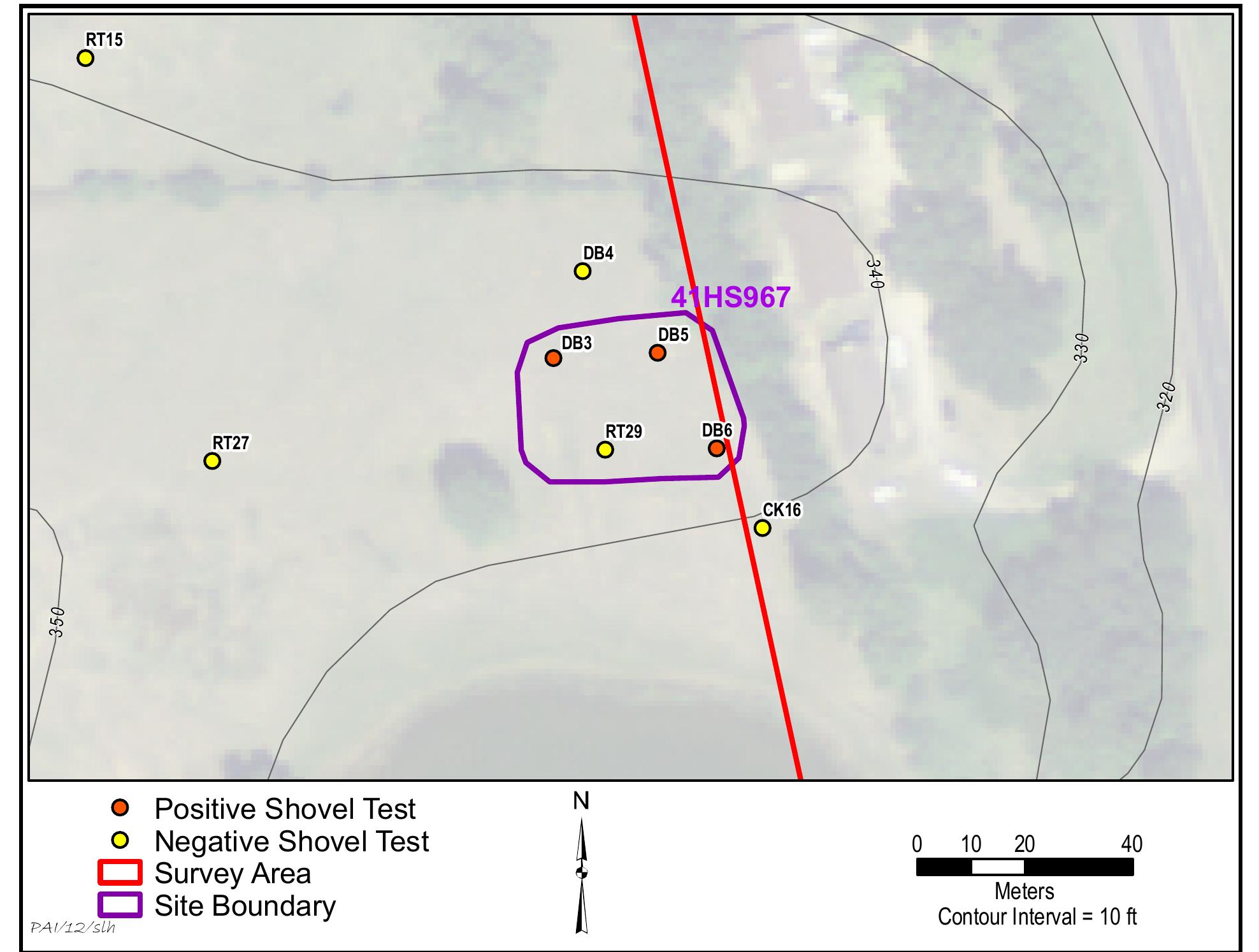 Map of 41hs967 showing shovel tests, topography, and 2010