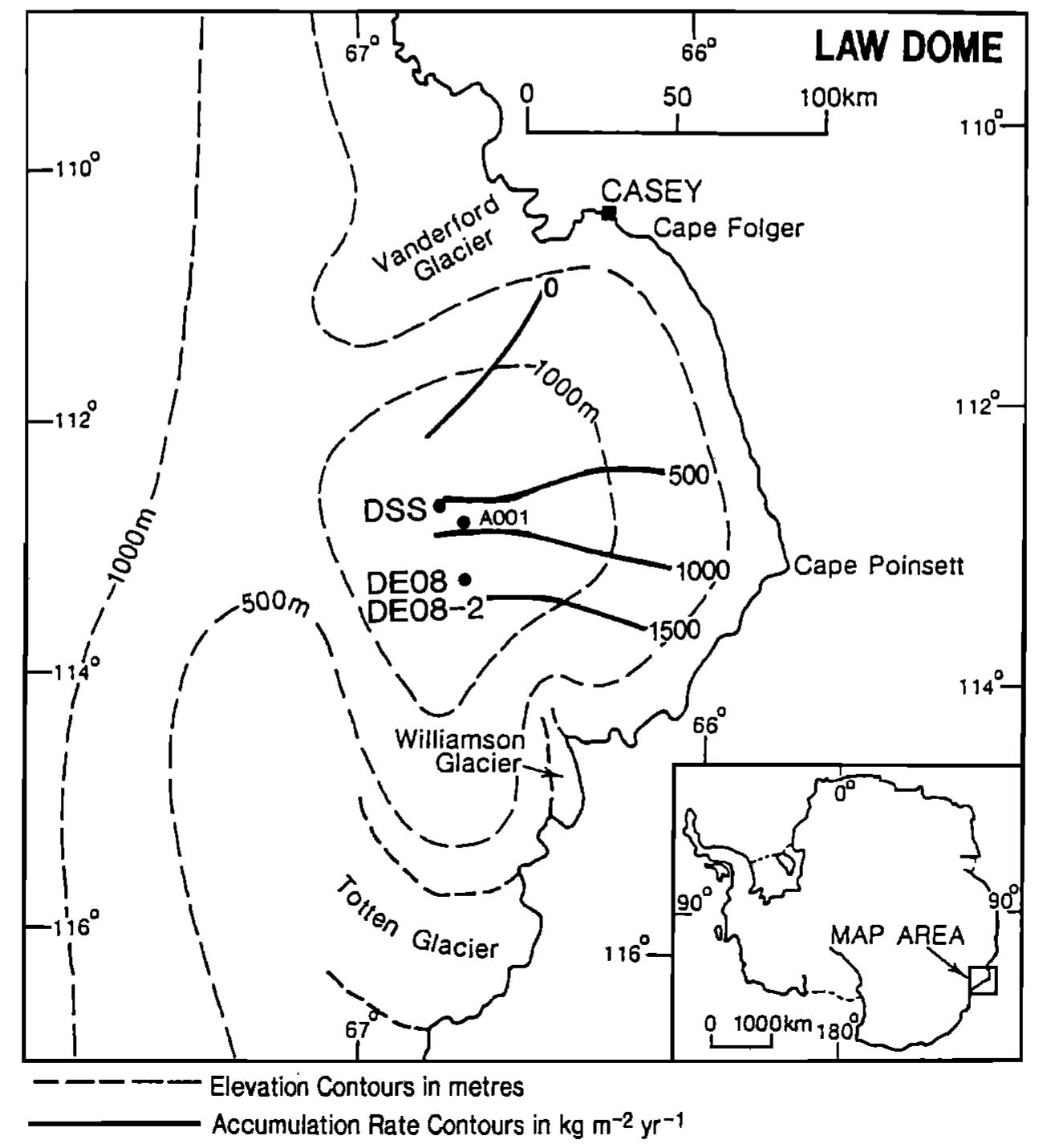 Map of law dome showing the locations of the ice cores