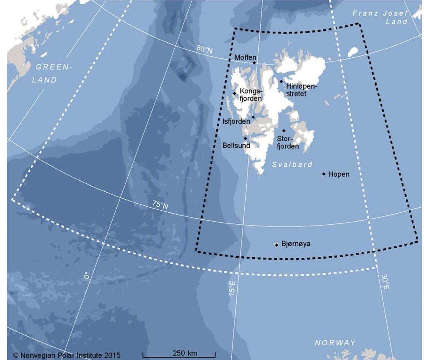 The svalbard zone (stippled black line) and ices area iib