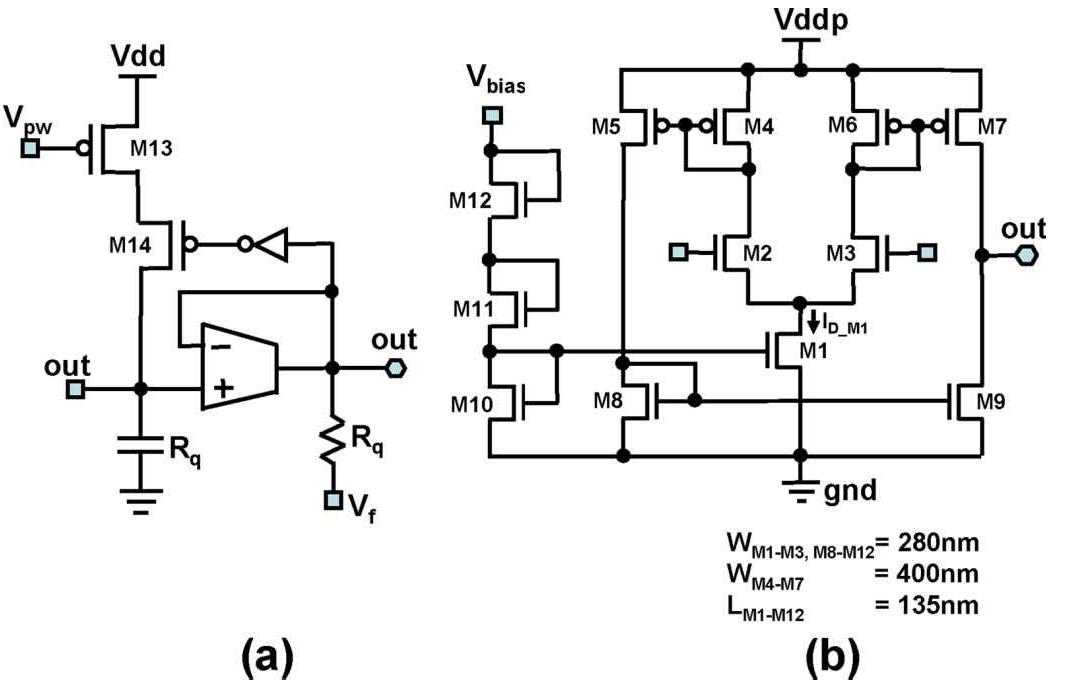 (a) transistor-level diagram of the neuron. (b) detail of
