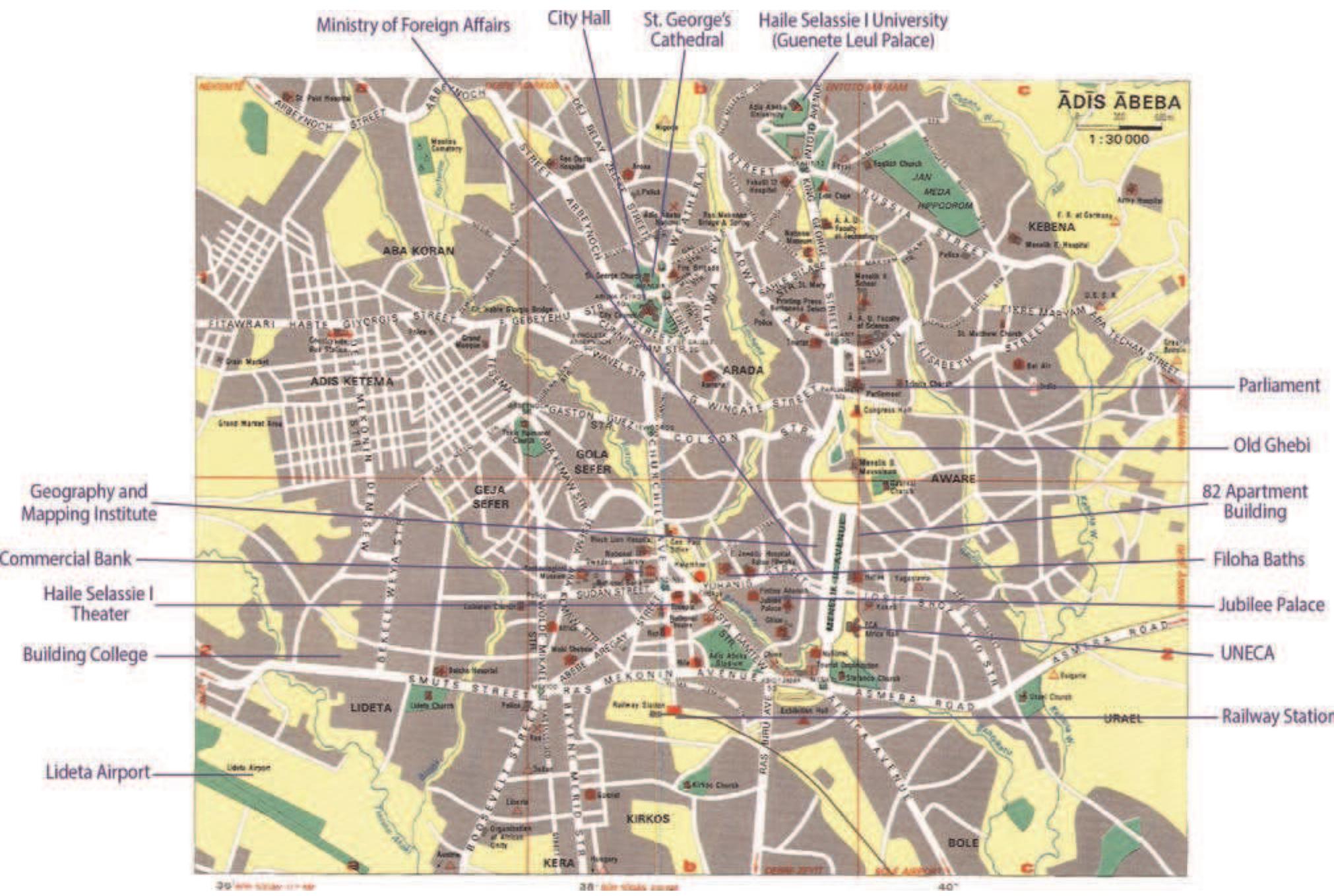 Street map of addis ababa, ethiopia, with author's notations