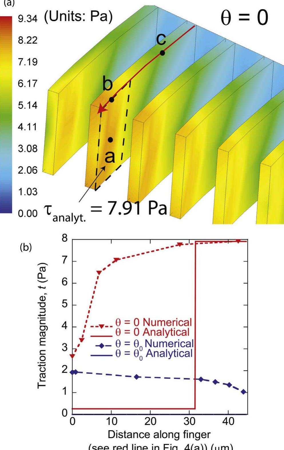 (a) map of shear stress traction magnitude (in pa) along the