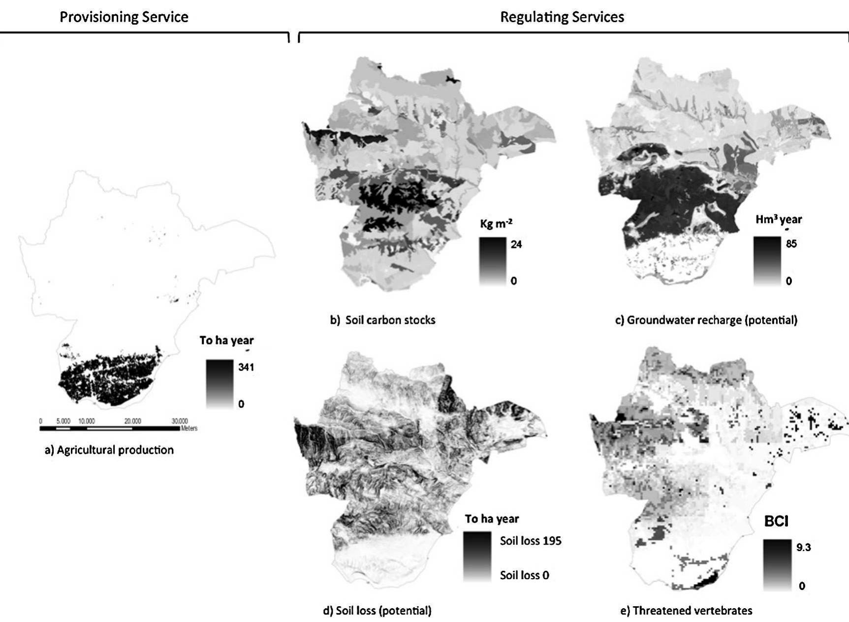 Maps of ecosystem services supply: (a) cultivated crops