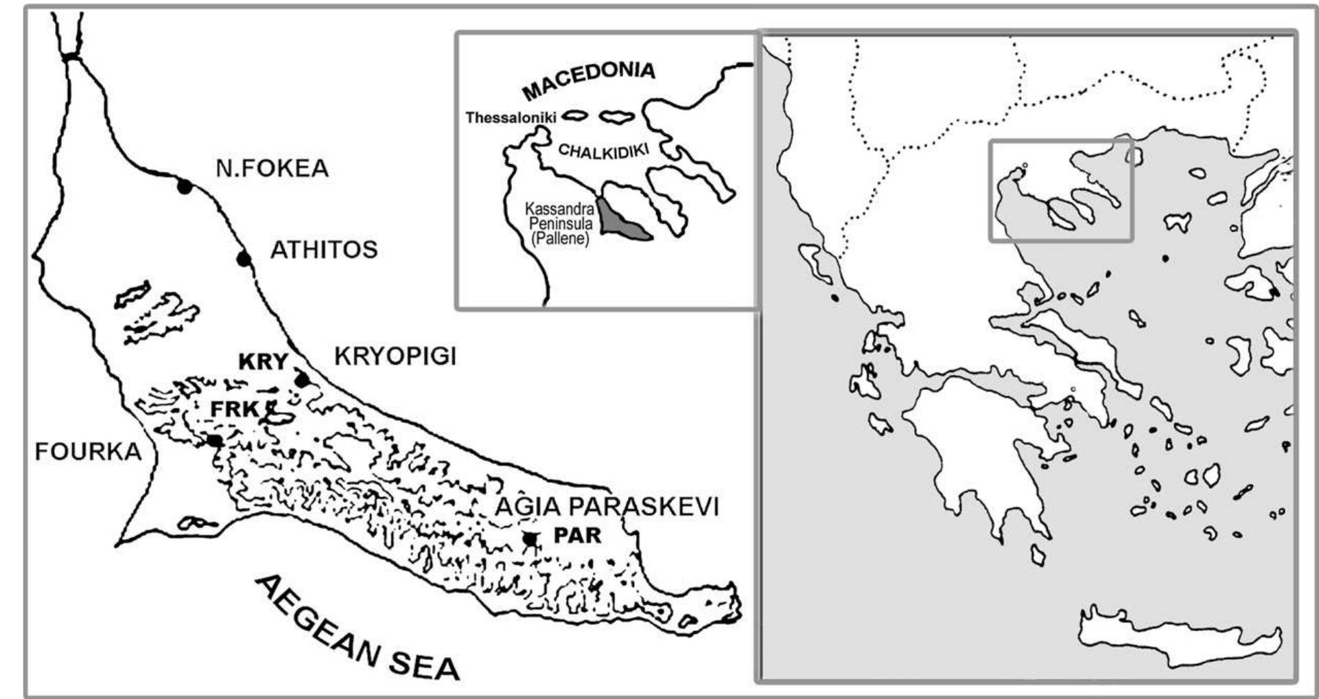 Map of greece showing the site of kryopigi (kry) in