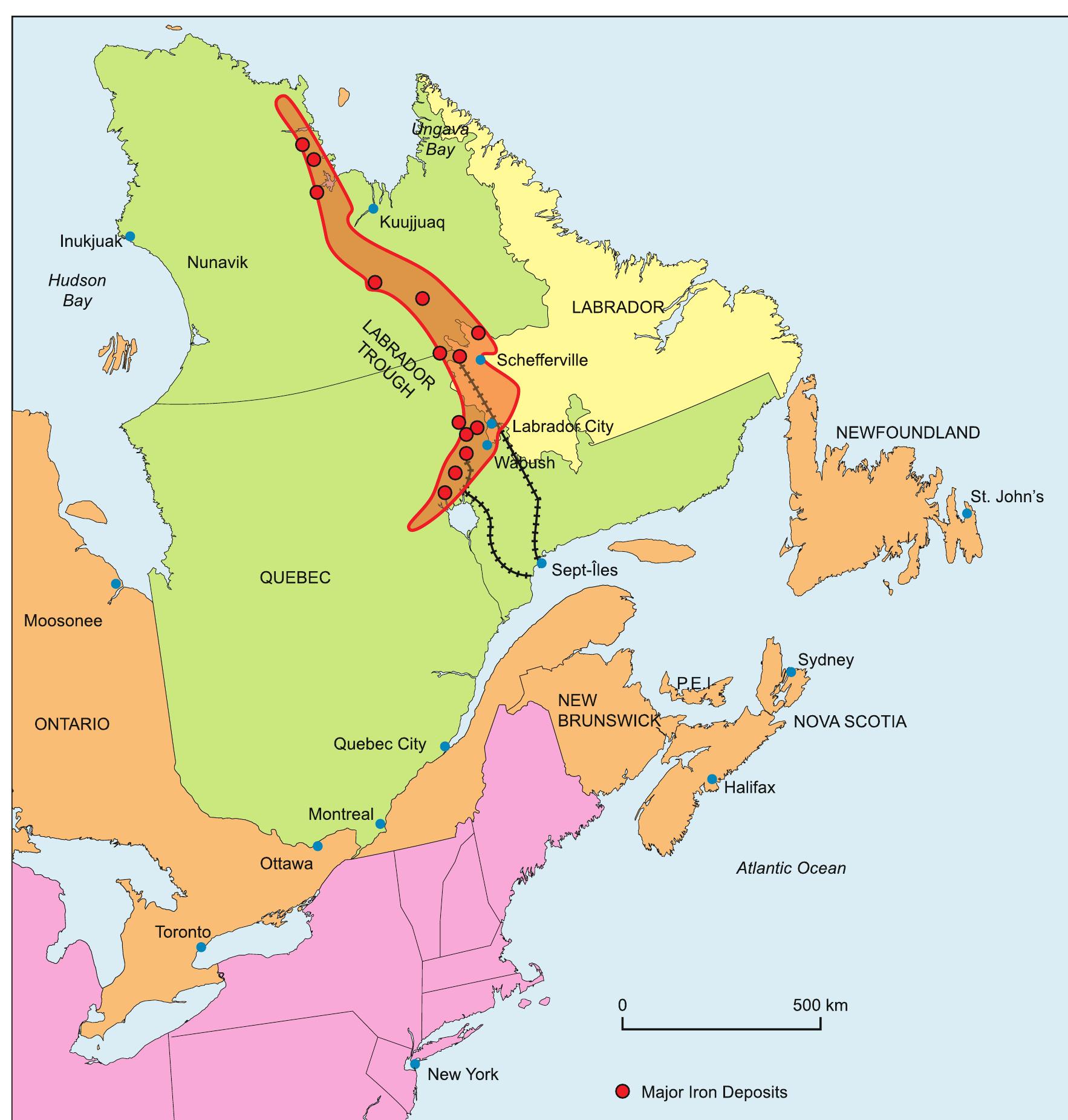 Iron ore in the quebec-labrador region. source: map by