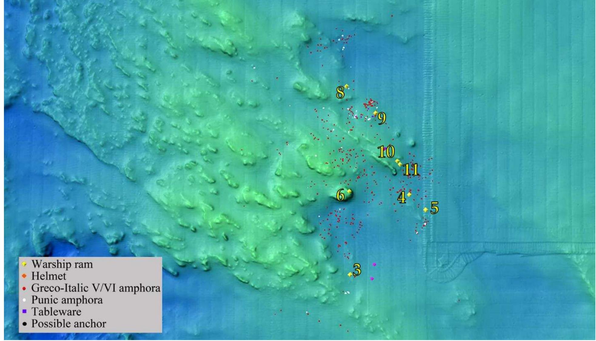Bathymetric map showing locations of egadi rams along with