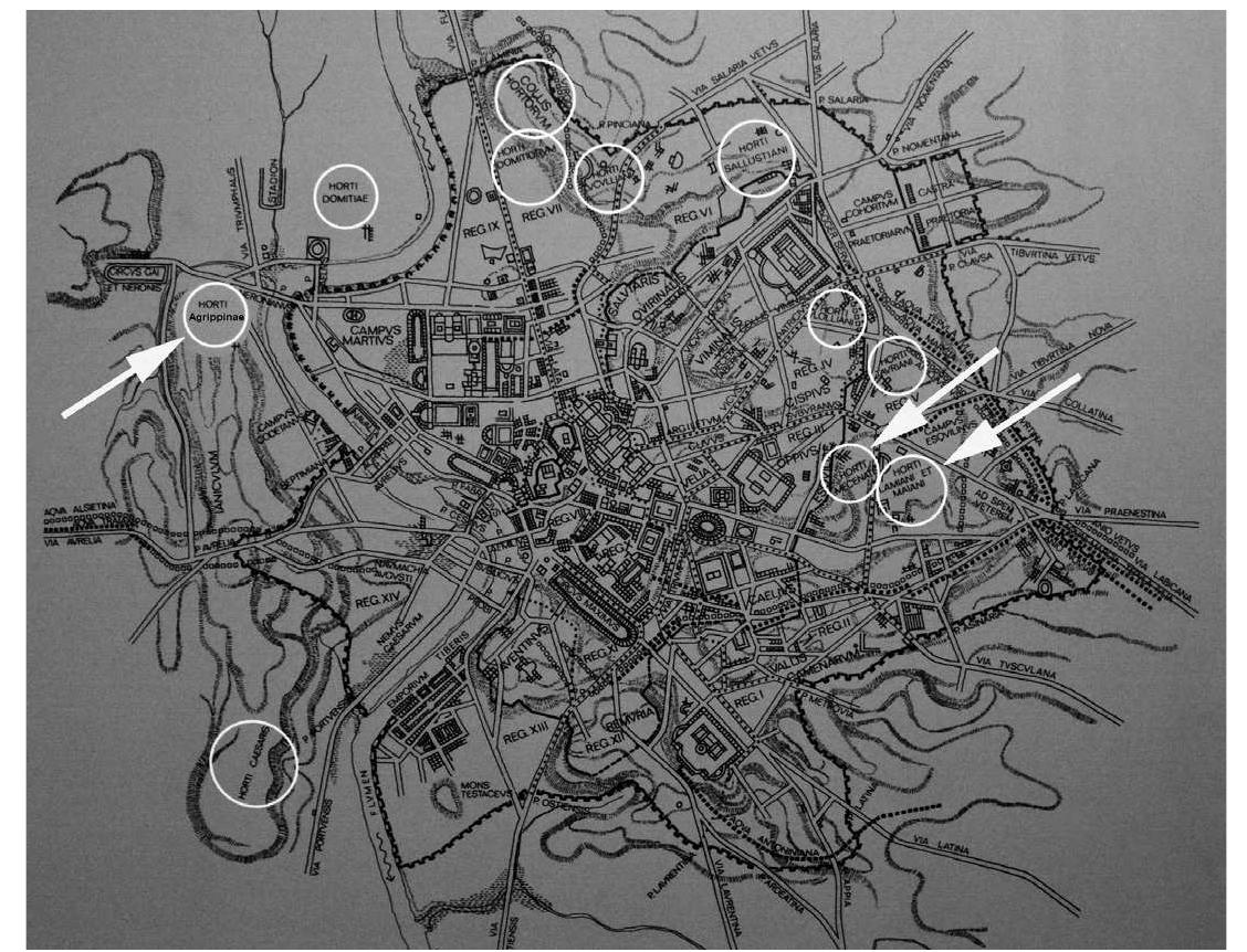 Plan of ancient rome with the horti. information panel,
