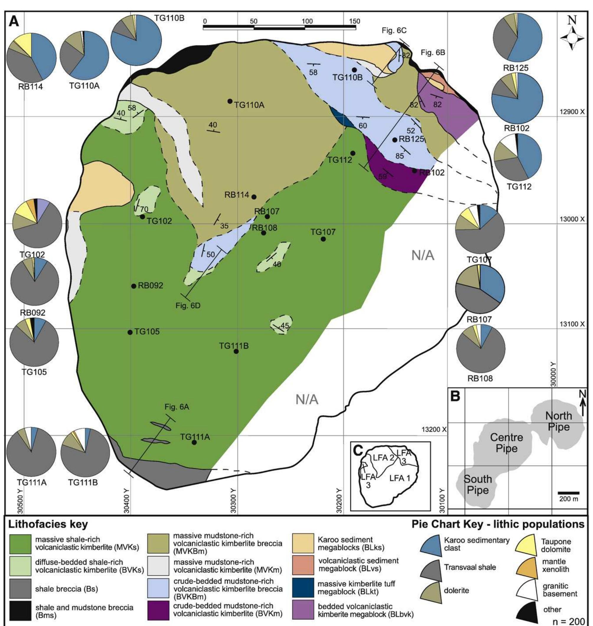 A) geological map of jwaneng centre pipe projected onto a