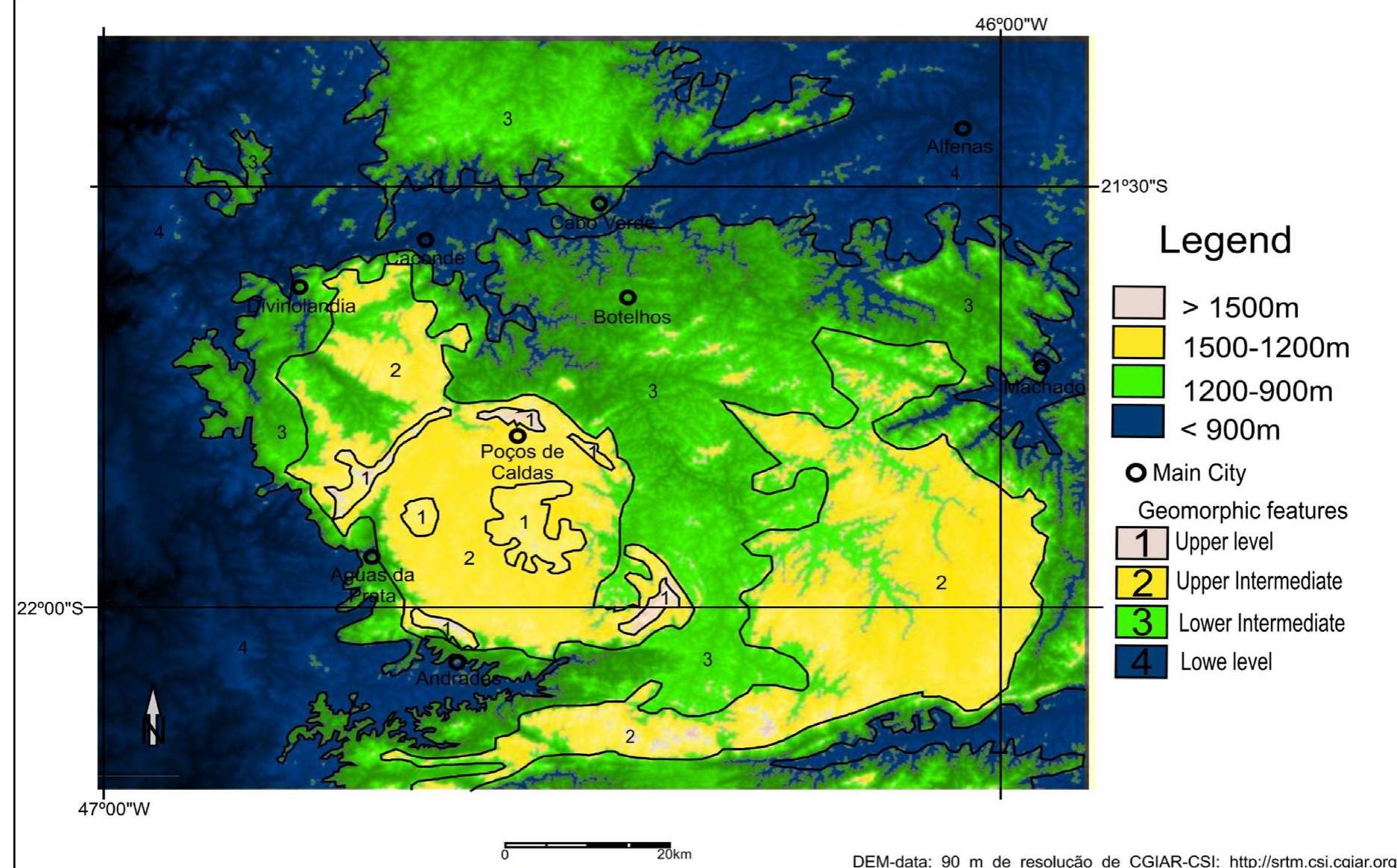 Hypsometric map with the four mean surface levels. the