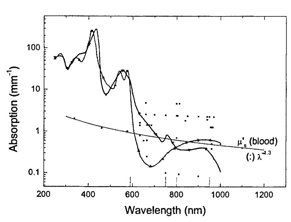 Typical absorption spectra of oxygenated (a) and