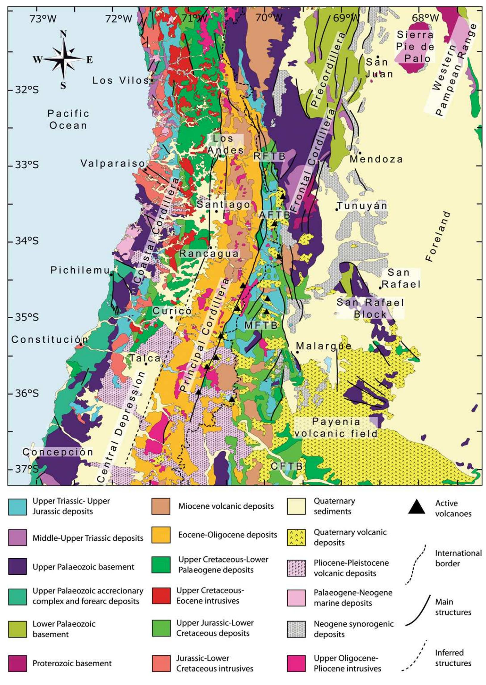 Geological map of the andean region between 31 and 37°s.